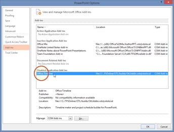 Office Timeline tab missing from PowerPoint