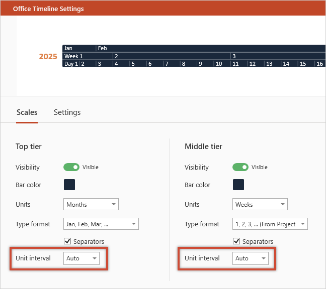 Set the interval between units on the scale