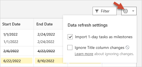 Refresh timeline data imported from Smartsheet