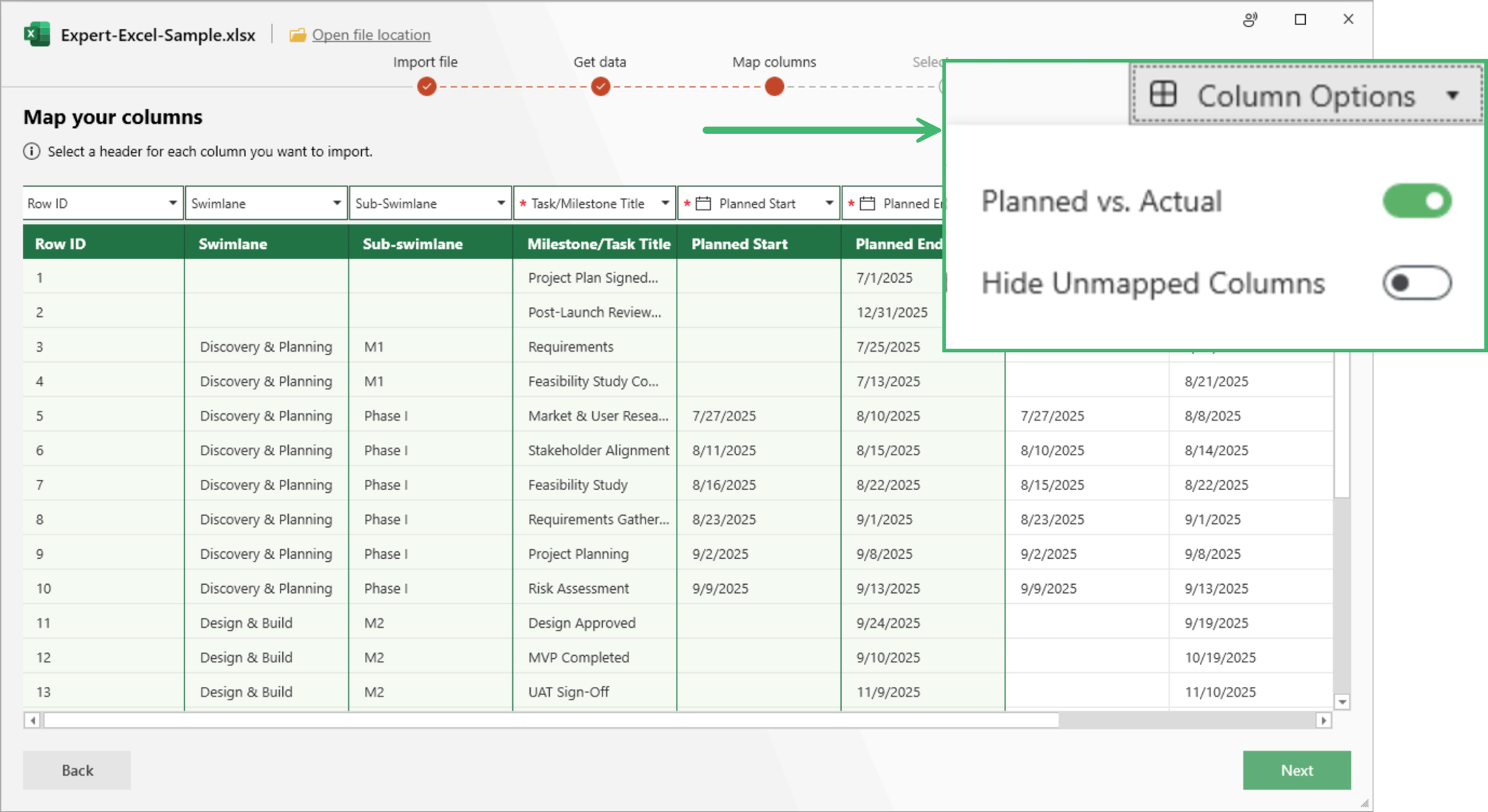 Import Planned vs. Actual from Excel