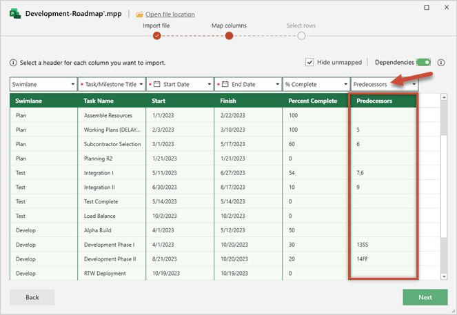 Import Dependencies Into Office Timeline