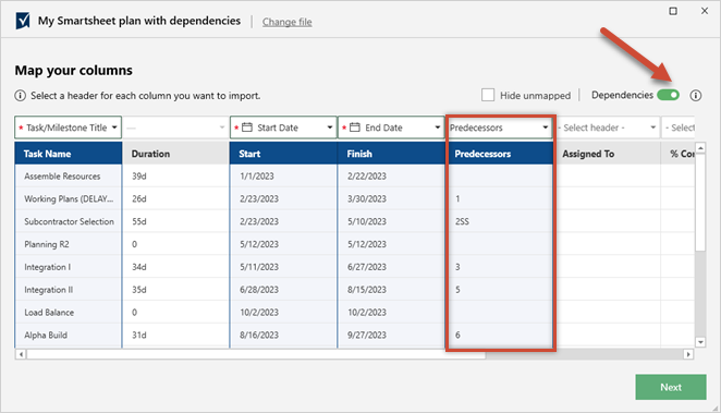Import dependencies into Office Timeline