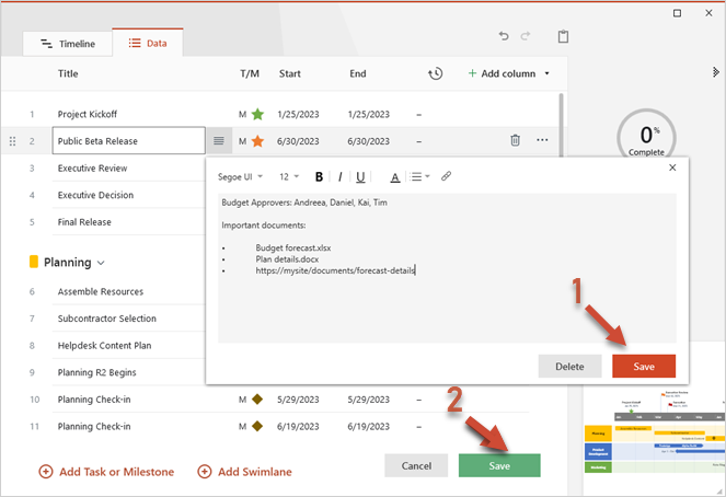 Storing your notes in Office Timeline