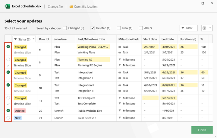 Refresh timeline data imported from Excel